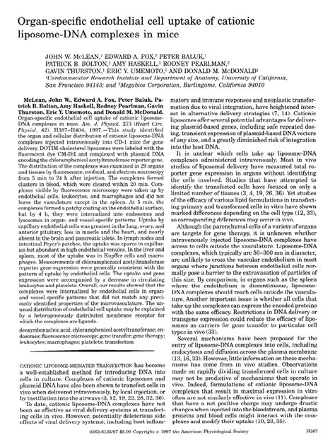Pdf Organ Specific Endothelial Cell Uptake Of Cationic Liposome Dna