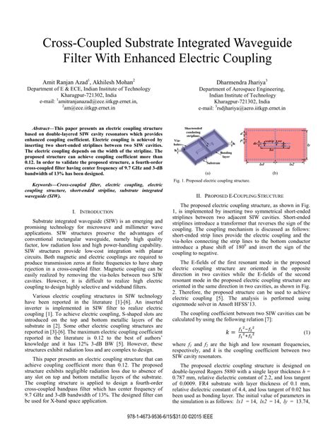 Pdf Cross Coupled Substrate Integrated Waveguide Filter With Enhanced Electric Coupling