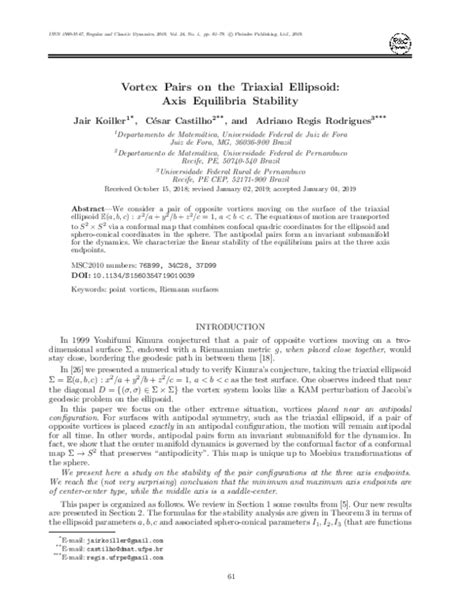 Pdf Vortex Pairs On The Triaxial Ellipsoid Axis Equilibria Stability