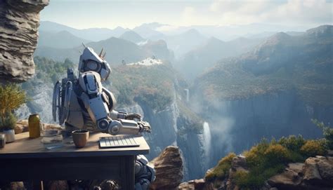 Premium AI Image Robot On Top Of A Mountain With A Waterfall In The