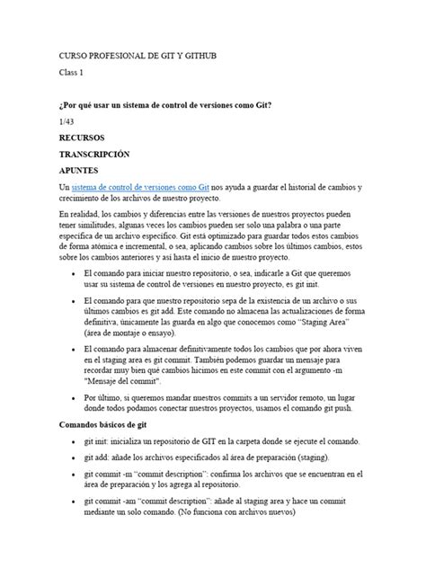 Curso Profesional De Git Y Github Claas 1 Pdf Control De Versiones Archivo De Computadora