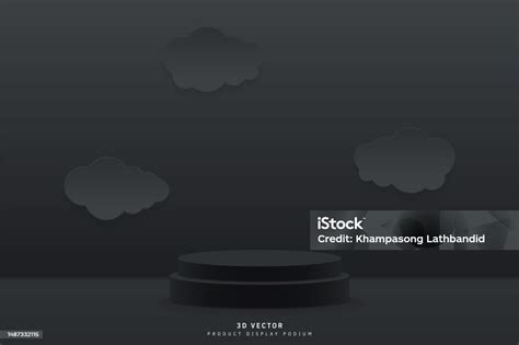 사실적인 3d 실린더 연단 받침대 무대 또는 제품 진열대가 벽에 잘린 구름 종이로 렌더링된 추상적인 검은색 3d 스튜디오 룸 3d 벡터 렌더링 모형 템플릿을 위한 구름 장면