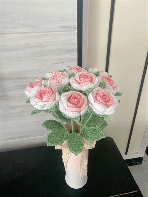 Crochet Pink Rose Flower Bouquet Handmade Rose Flower Bouquet For