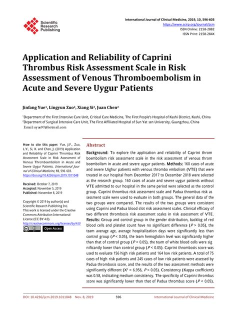 Pdf Application And Reliability Of Caprini Thrombus Risk Assessment