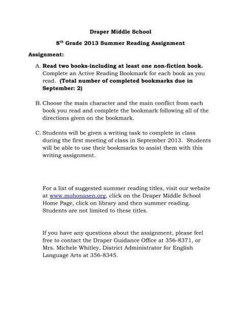 grade 8 summer reading assignment mohonasen central school