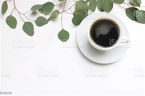 꽃 조성 녹색 유 칼 리 나무의 나뭇잎과 잔의 커피와 흰색 나무 배경에 분기 여성 사무실 책상 스톡 이미지 빈 공간과 평면 위치