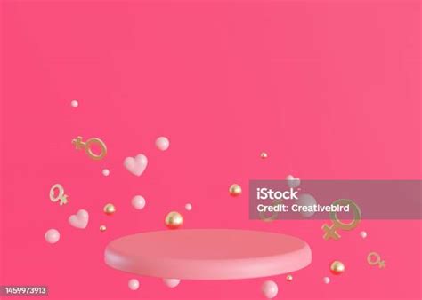 날아다니는 하트 구체 여성의 성별 기호가 있는 분홍색 연단 여성의 날 플랫폼 아름다움을위한 무대 화장품 발표 모의 빈 장면