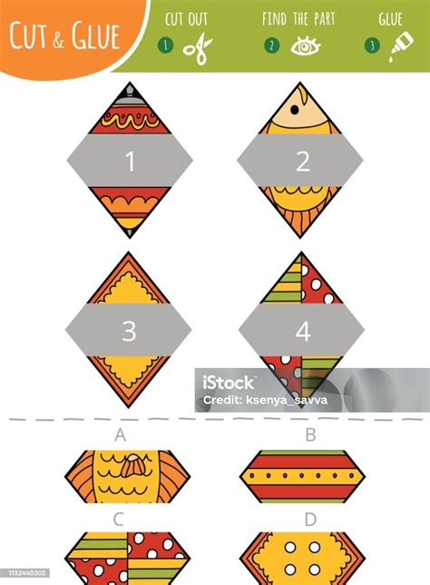 올바른 부품을 찾으십시오 어린이를 위한 절단 및 접착제 게임 기하학적 모양의 만화 세트입니다 마름모 0명에 대한 스톡 벡터 아트 및 기타 이미지 Istock