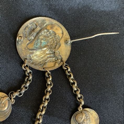 Vintage Brass Disc Portrait Repousse Brooch Pin With Gem
