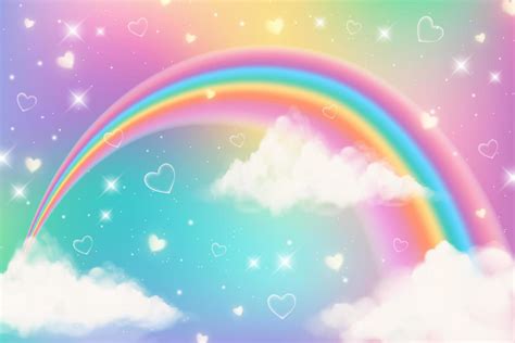 Fondo De Unicornio Arco Iris De Fantasía Holográfica Con Nubes Cielo