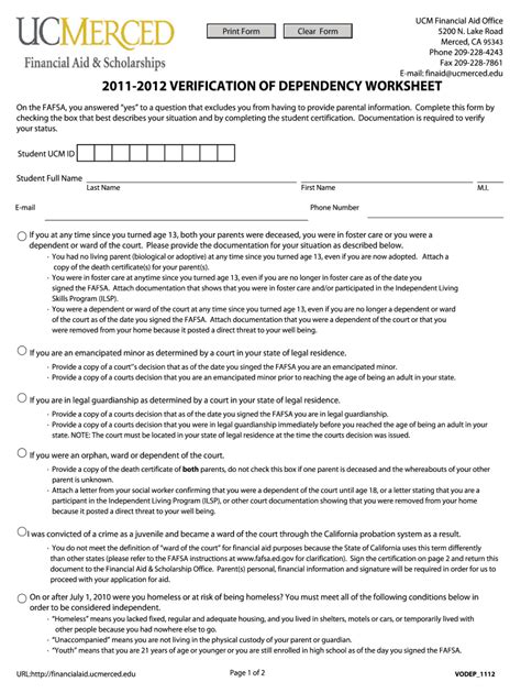 Edu 2011 2012 Verification Of Dependency Worksheet On The Fafsa You Answered Yes To A Question