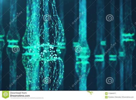 Blue Glowing Synapse Artificial Neuron In Concept Of Artificial