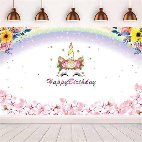 Unicorn Happy Birthday Backdrop Rainbow Unicorn Flowers Party Photography Background Unicorn