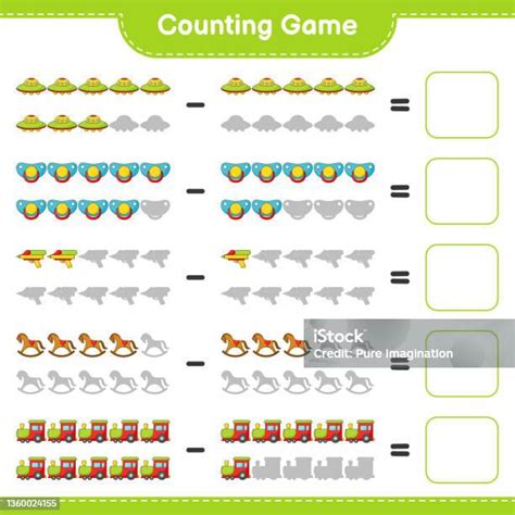 카운트 앤 매치 기차 Ufo 젖꼭지 물 총 흔들 말의 수를 계산하고 올바른 숫자와 일치합니다 교육 어린이 게임 인쇄 워크 시트 벡터 일러스트레이션 0명에 대한 스톡 벡터