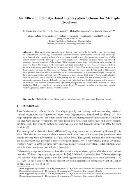 Pdf An Efficient Identity Based Signcryption Scheme For Multiple Receivers