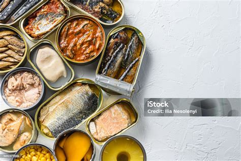 가공 식품 캔용 깡통은 꽁치 고등어 가래 정어리 정어리 정어리 오징어 참치 파인애플 옥수수 완두콩 망고 콩 텍스트를 위한 흰색