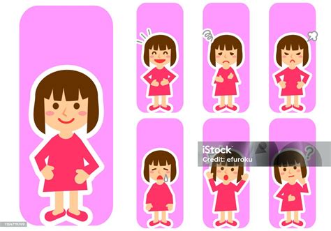 다양 한 표정 세트 여자 캐릭터의 전신 벡터 일러스트입니다 가득 찬에 대한 스톡 벡터 아트 및 기타 이미지 가득 찬 귀여운 디자인 Istock