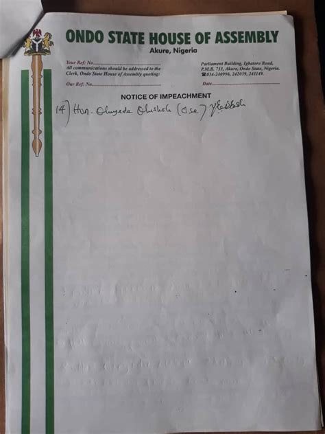 Ondo State House Of Assembly Serves Impeachment Notice To Deputy