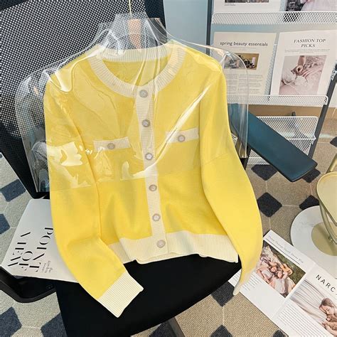 송 미스트 프래그런스 가을 신제품 콘트라스트 컬러 우아한 긴소매 니트 노란색 부드러운 흰색 상의 가디건 Aliexpress