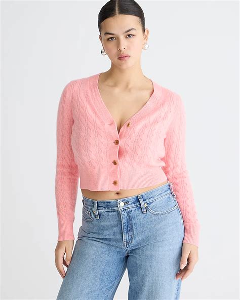 J Crew Cashmere Shrunken Cable Knit V Neck Cardigan Sweater For Women