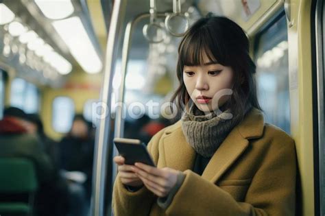 電車の中でスマホを見る女性 No 26883866｜写真素材なら「写真ac」無料（フリー）ダウンロードok