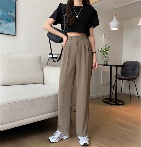卡其色阔腿裤女高腰垂感春秋2025年新款夏季直筒休闲西装裤 阿里巴巴