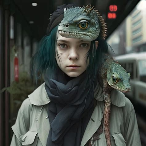 An Image Of A Woman With A Lizard On Her Shoulder Premium Ai