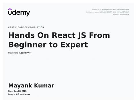 Thrilled To Share That I Have Earned A Certificate In Hands On Reactjs From Beginner To