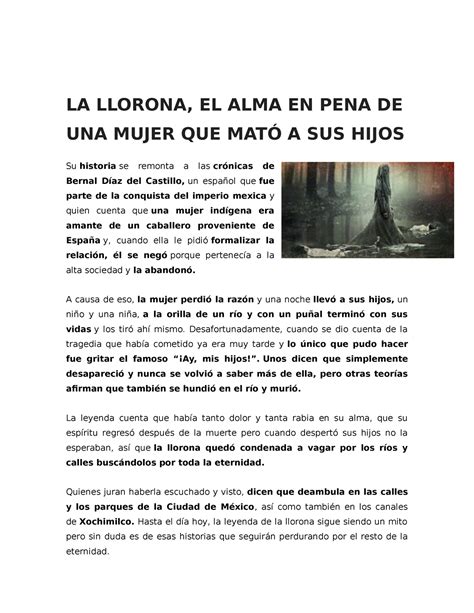 LA Llorona Cuento LA LLORONA EL ALMA EN PENA DE UNA MUJER QUE MATÓ