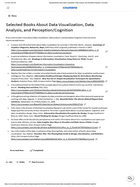 Selected Books About Data Visualization Data Analysis And Perception Cognition Coursera
