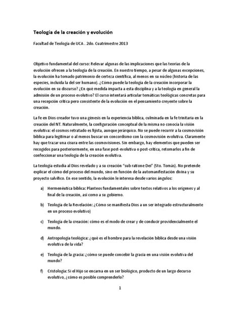 Teología De La Creación Y Evolución Programa Y Bibliografía Pdf