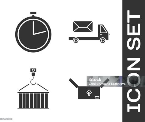교통 기호 스톱워치 크레인의 컨테이너 및 포스트 트럭 아이콘이있는 골판지 상자를 설정합니다 벡터 걸이 장비에 대한 스톡 벡터 아트 및 기타 이미지 Istock