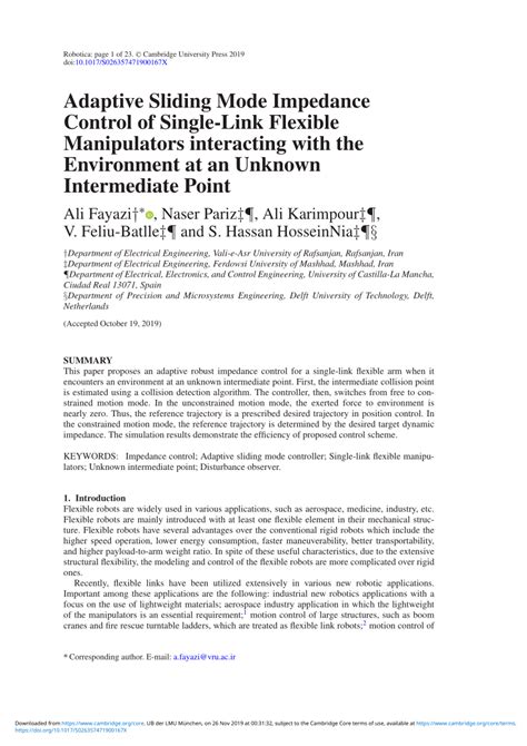 Pdf Adaptive Sliding Mode Impedance Control Of Single Link Flexible Manipulators Interacting