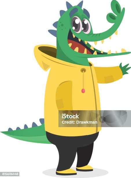 노랑 비옷에 Hipster 악어 만화 만화 벡터 일러스트입니다 의인화 된 개인 장식품에 대한 스톡 벡터 아트 및 기타 이미지 개인 장식품 거리 귀여운 Istock