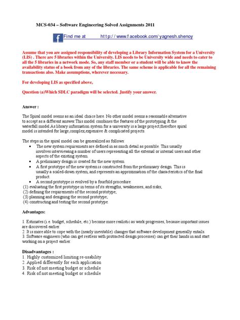 Mcs 034 Software Engineering Solved Assignments 2011 Pdf Software