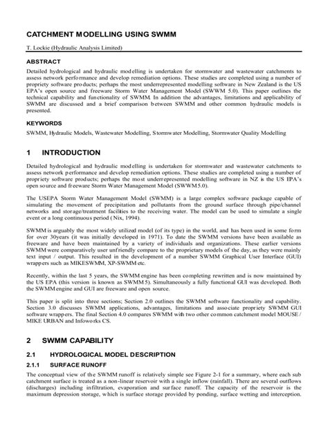 Swmm Catchment Modeling Hydrology And Hydraulics