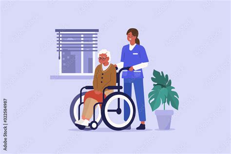 Medical Nurse In Nursing Home Helping Elderly Patient Caregiver Carry
