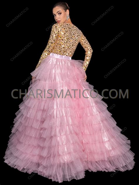 Luxury Pink Fluffy Ruffle Tulle Layered Long Skirt