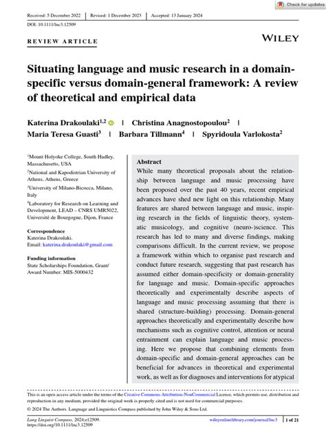 Situating Language And Music Research In A Domain Specific Versus Domain General Framework A