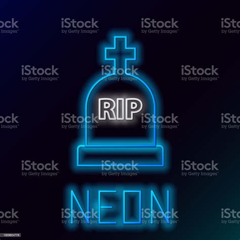 黒い背景に分離されたアイコンにripが書かれた青い輝くネオンライントゥームストーン墓アイコンカラフルなアウトラインコンセプトベクトルの図