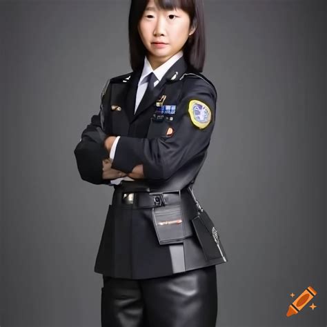 Rear View Of A Confident Japanese Policewoman In Black Leather Trousers