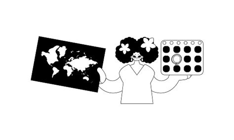 활기찬 여인은 세계 차트와 달력을 들고 있습니다 관광 과목 희미하고 하얀 선의 장인 정신 트렌디한 스타일 벡터 일러스트레이션