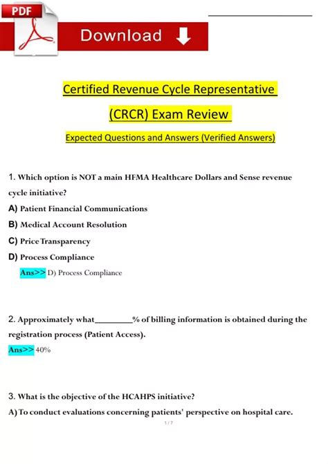 Certified Revenue Cycle Representative CRCR Review Questions And Revised Correct