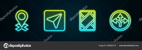 Set Line Location Infographic Of City Map Navigation Gps Device With And Road Traffic Sign