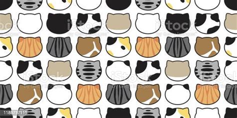 고양이 원활한 패턴 새끼 고양이 머리 벡터 Calico 품종 물고기 만화 스카프 고립 반복 배경 타일 벽지 낙서 일러스트 디자인