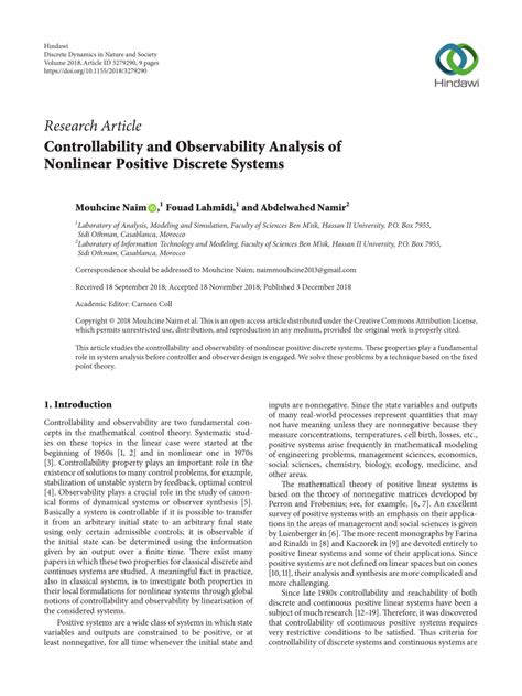 Pdf Controllability And Observability Analysis Of Nonlinear Positive Discrete Systems