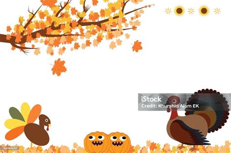 추수 감사절 단풍과 터키 암탉 옥수수 호박과 국경 추수 감사절 축제 배너 포스터 인사말 카드 텍스트 글자 추수 감사절 복사 공간 10월에 대한 스톡 벡터 아트 및 기타