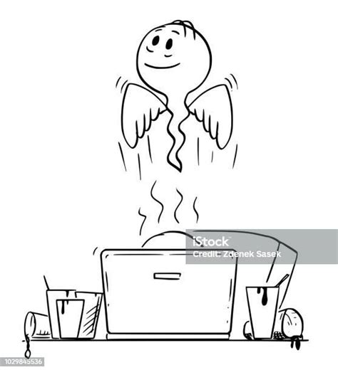 사람이 나 컴퓨터에서 작업 하는 동안 사망 하는 사업가의 만화 Brand Name Online Messaging Platform에 대한 스톡 벡터 아트 및 기타 이미지