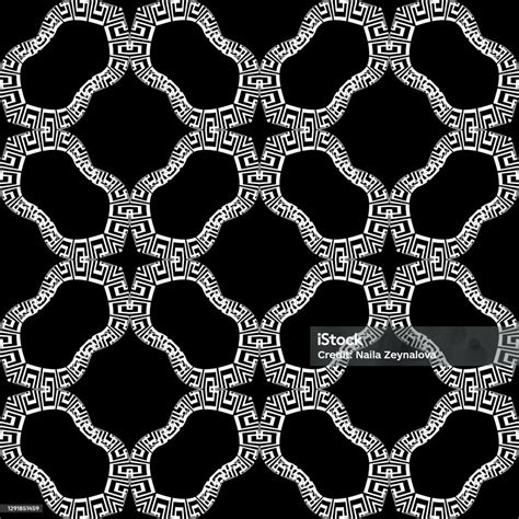 그리스 흑백 그리드 원활한 패턴 장식 벡터 배경입니다 기하학적 반복 배경 그리스 키 구단 프레임 모양 꽃꽃 민족 스타일의 추상 레이스 장식 0명에 대한 스톡 벡터 아트 및