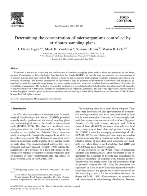 Legan2001 Determining Conc Of Microorganism Controlled By Attribute Sampling Plan Log Normal